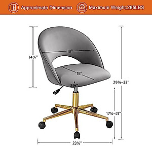 Furniliving Velvet Home Office Chair, Cute Desk Chair Swivel Armchair Upholstered Task Chair with Gold Metal Base, Vanity Chair Adjustable Computer Chair Makeup Chair for Living Room (LightGrey)