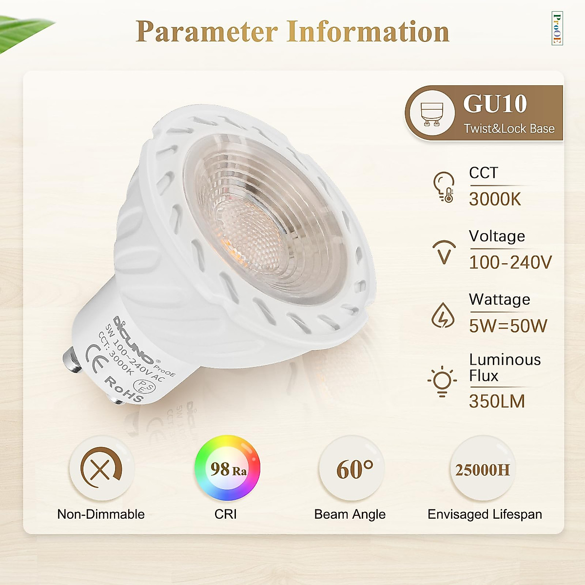DiCUNO ProOE GU10 LED Bulb High CRI 98, 50W Halogen Equivalent, Flicker-Free Eye-Protection, Warm White 3000K, 5W GU10 Spotlights Bulbs 350LM Non-dimmable for Track, Recessed Lighting, 6 Pack