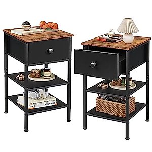 WLIVE Nightstands Set of 2, Bedside Tables with Adjustable Wooden Drawer, 3-Tier Night Stands for Couch, Bed, Sofa, End Table Side Table for Bedroom, Living Room, Black