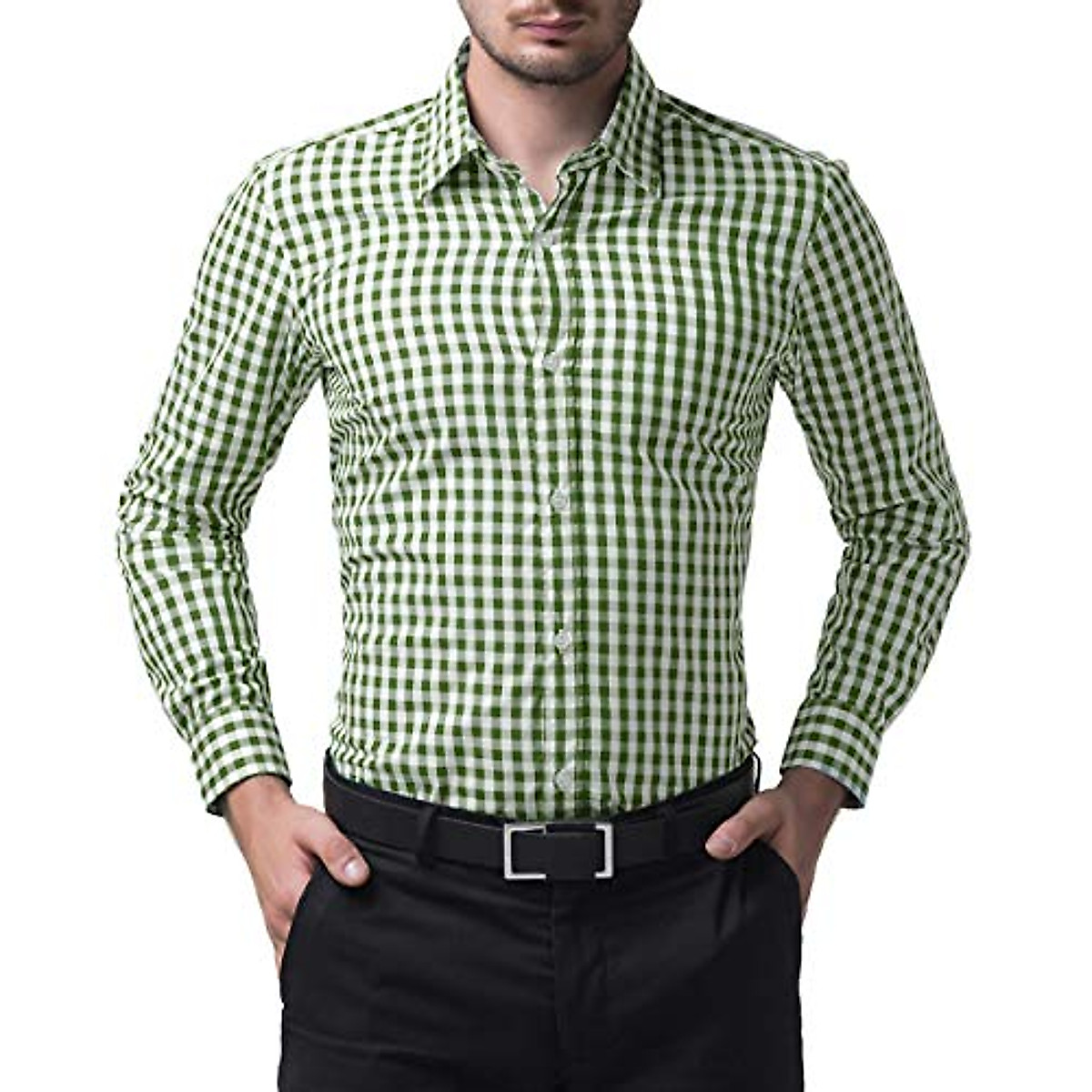 Paul Jones Casual Long-Sleeve Plaid Dress Shirt Checkered Button Down Shirt, Olive Green, Small