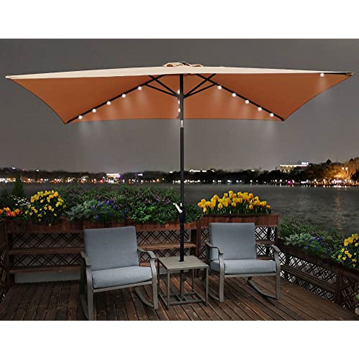 10ft Solar Led Outdoor Umbrella Outdoor Market Rectangle Umbrellas with Crank, Tilt Function Large Patio Umbrella with 26 Solar Lights Heavy Duty Sun Umbrella for Garden Deck Pool Patio (Style 2)