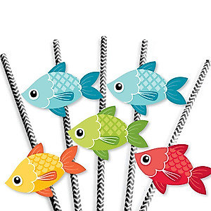 Big Dot of Happiness Let’s Go Fishing - Paper Straw Decor - Fish Themed Birthday Party or Baby Shower Striped Decorative Straws - Set of 24