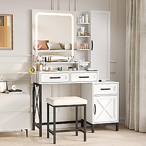 Maupvit Vanity Desk with HD LED Mirror,White Vanity with Large Jewelry Cabinet,Lots Storage Shelves,3 Drawers & Cabinets,Vanity with Charging Station,3 Lighting Modes, Brightness Adjustable