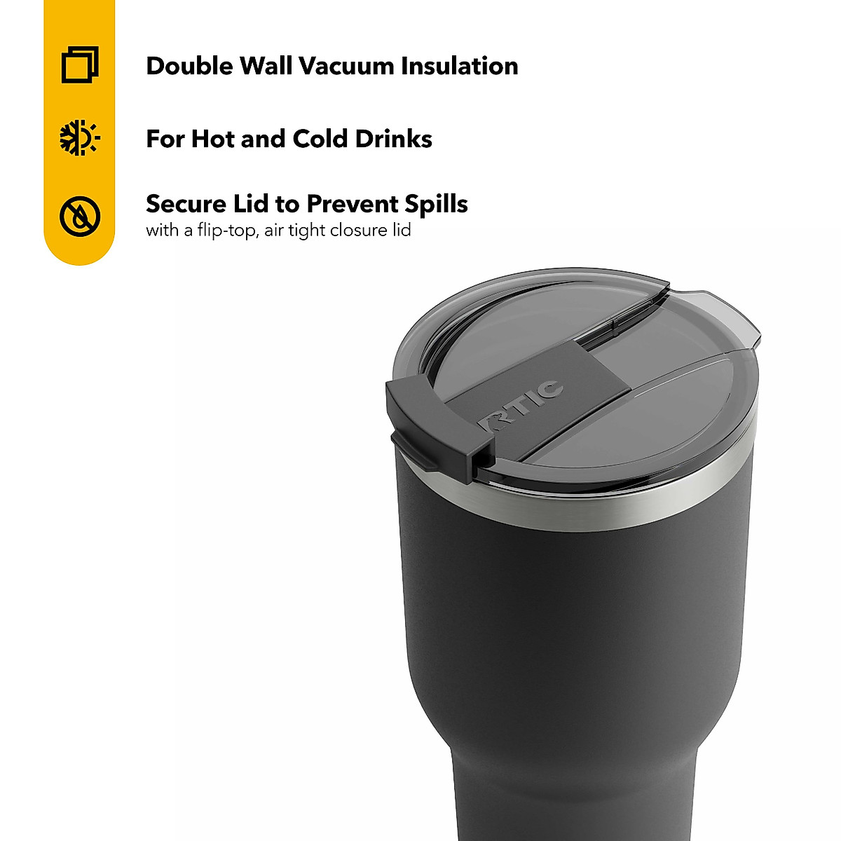 RTIC 40 oz Insulated Tumbler Stainless Steel Coffee Travel Mug with Lid, Spill Proof, Hot Beverage and Cold, Portable Thermal Cup for Car, Camping, Black