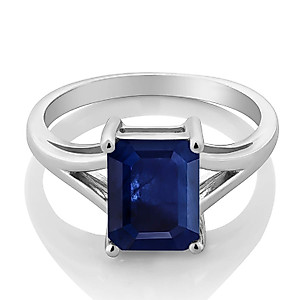 Gem Stone King 925 Sterling Silver Blue Sapphire Solitaire Engagement Ring For Women (2.45 Cttw, Emerald Cut 9X7MM, Gemstone September Birthstone, Available in Size 5,6,7,8,9)