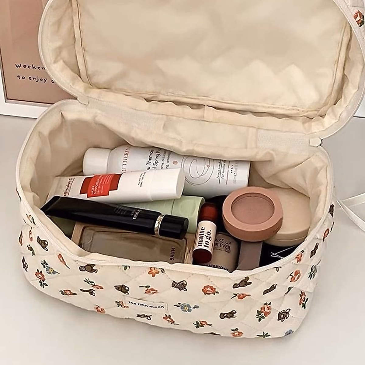 BILIPOPX 3 Pack Kawaii Cute Makeup Bag Bear Aesthetic Travel Quilted Cotton Cosmetic Bag Organizer Toiletry Pouch for Women Teen Girls (Bear Flower)