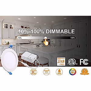 CLOUDY BAY 6 inch 3000K/ 4000K/ 5000K 3 Color Temperature Selectable,Dimmable Recessed Lighting 15W CRI90+,Ultra Thin LED Recessed Light with Junction Box,IC Rated, Air Tight,ETL/JA8,White,6 Pack