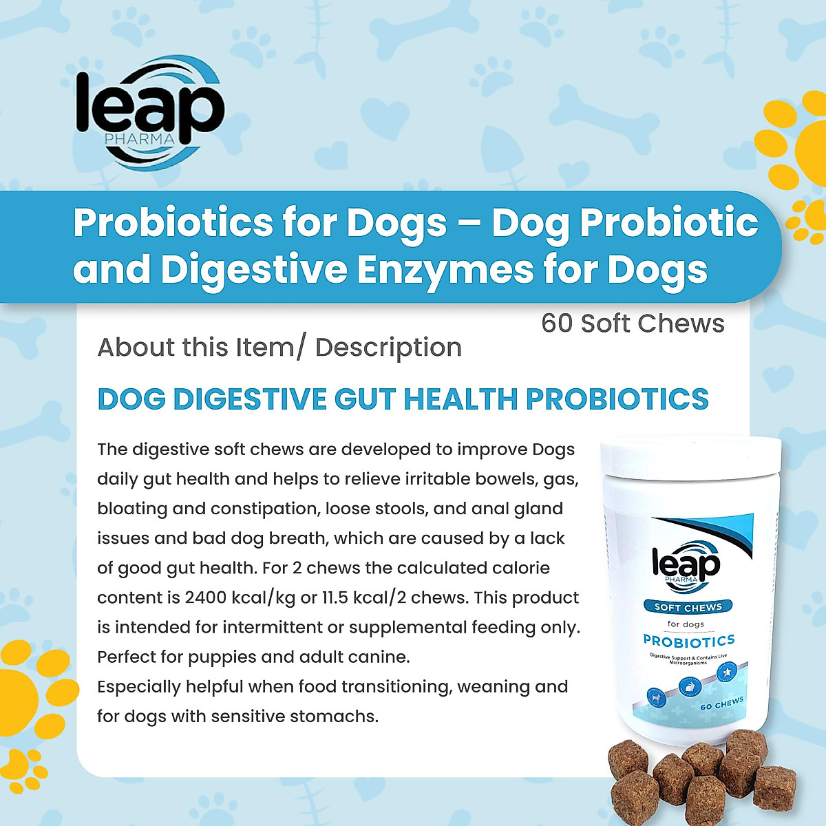 Probiotics for Dogs - Dog Probiotic and Digestive Enzymes for Dogs - 60 Soft Chews for Digestion Support - Pet Supplements