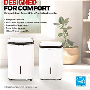 Honeywell 50 Pint Energy Star Smart Dehumidifier for Basements & Large Rooms Up to 4000 Sq. Ft. with WiFi, Alexa Voice Control, and Anti-Spill Design, (White)