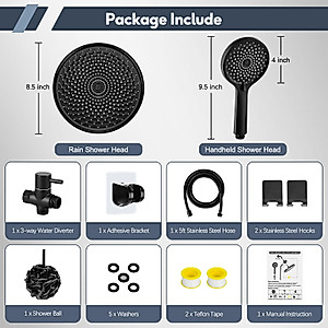 Lanhado 8.5'' Matte Black Shower With Handheld Spray, High Pressure Rainfall Head and Anti-Leak Holder, 4 Settings, Waterfall Upgrade