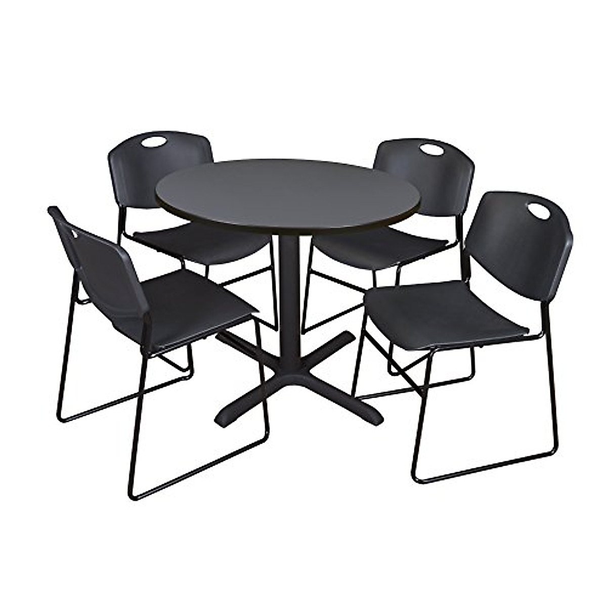 Cain 42" Round Breakroom Table- Grey & 4 Zeng Stack Chairs- Black