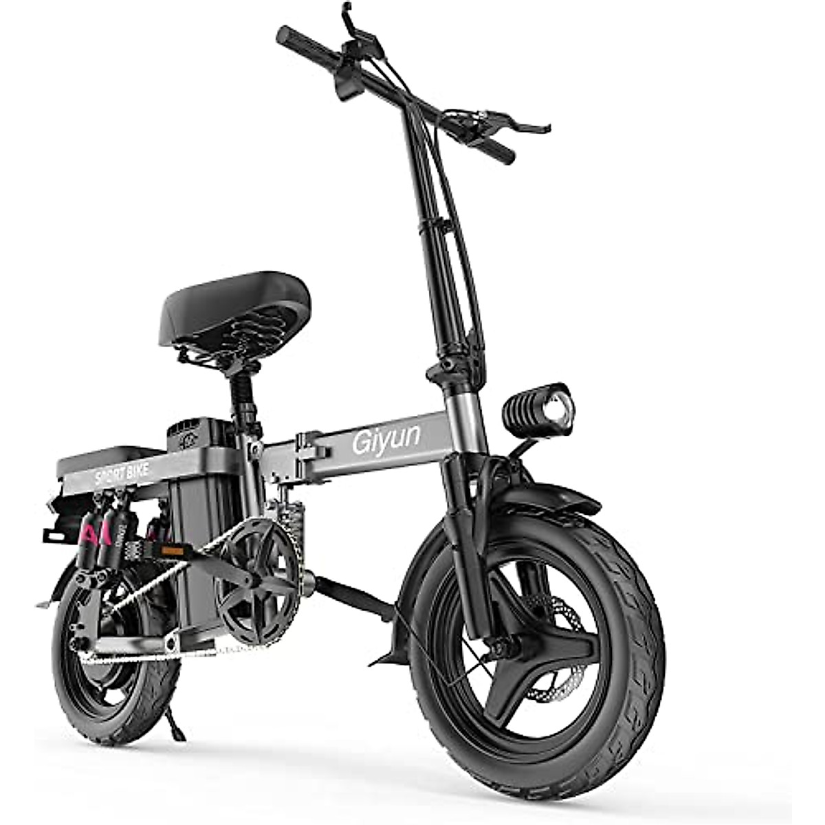 Giyun Electric Bike for Adults, Folding Mini Ebike 350W, Max 21.74MPH 14" Fat Tire Ebike Snow Beach Mountain Commute, 48V 12.5AH Removable Battery with 5 Shock Absorption Comfort Riding, Black