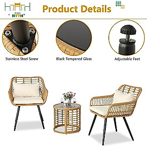 HTTH Outdoor Furniture Bistro Set Patio Conversation Bistro Set Outdoor Woven Rope Table Set Tan Wicker Chat Set with Cushions Patio Furniture Sets for Balcony Garde (S-Beige)