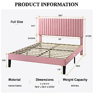 SHA CERLIN Full Size Upholstered Platform Bed Frame with Adjustable Headboard, Vertical Channel Tufted Velvet Fabric, Wooden Slats Support, Mattress Foundation, Box Spring Optional, Pink