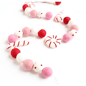 Mini Felt Factory | Christmas Felt Garland ~7 Ft 100% Wool Pom 2.5 cm Balls Candy Cane Peppermint Ornament Boho Pink Holiday Bright Decor Mantel Hanging Seasonal Banner Craft Wall Party