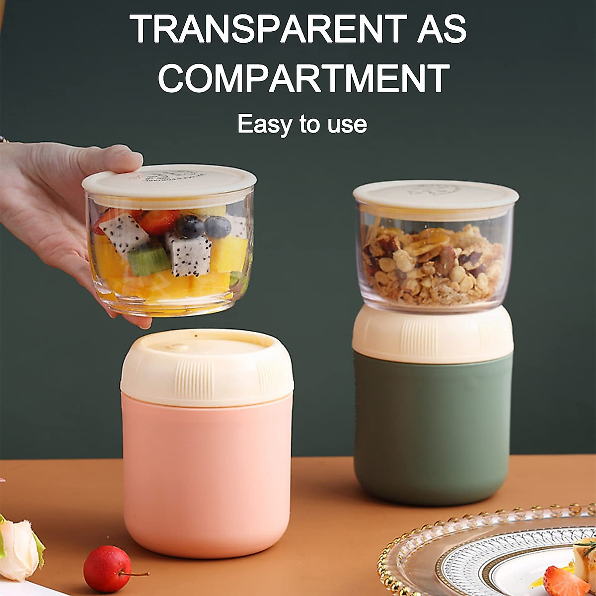 Yogurt Container, 2 In 1 Cereal Cup On The Go, Stainless Steel Insulated Food Jar With Spoon and storage bag, For Kids Adult Hot Cold Food Yogurt Salad Breakfast Milk Fruit, BPA Free 700ml Pink