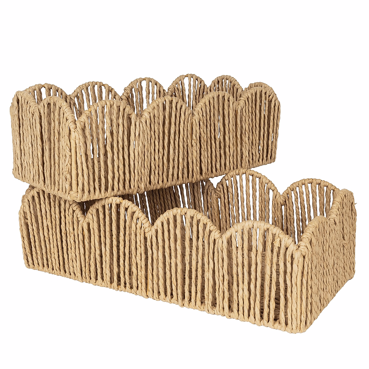 Sunlit Natural Fibre Farmhouse Storage Baskets, Hand Woven Bathroom Storage Boxes, Boho Toilet Paper Tank Basket, Decorative Storage Bins for Countertop, Bathroom Organizer Set of 2, Wavy, Natural