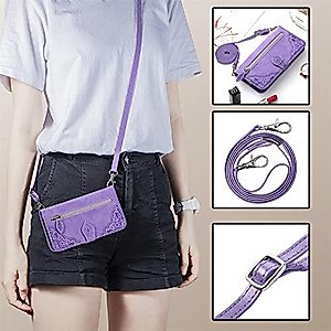 ONV Wallet Case for OnePlus N20 SE -1.5M Adjustable Strap Emboss Flower Flip Phone Case Card Slot Magnet Leather Shell Flip+Zipper Cover for OnePlus N20 SE [SZY] -Purple