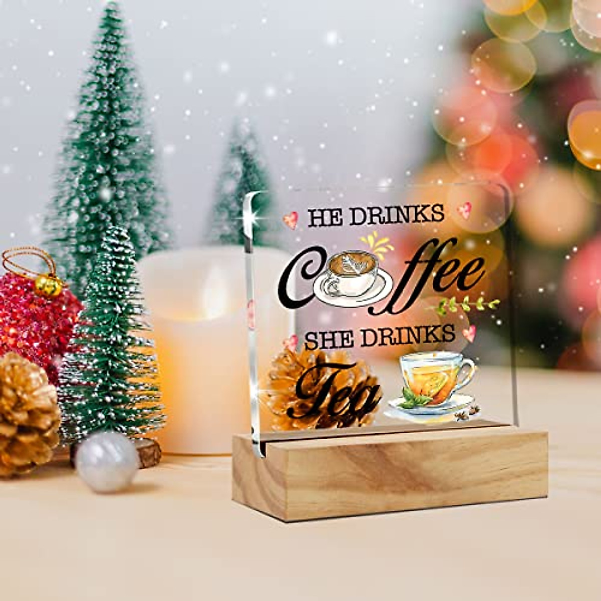 Rustic He Drinks Coffee She Drinks Tea Desk Decor Acrylic Desk Sign Funny Kitchen Acrylic Plaque Home Desk Decoration 4.7"x4.7"