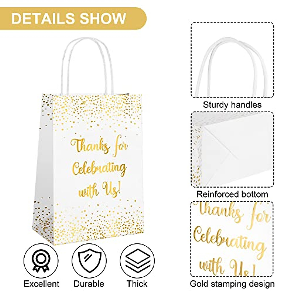 MIMIND 36 Pieces Wedding Welcome Gift Bags for Hotel Guests, Thanks for Celebrating with Us Gold Foil Party Favor Bags with Handles for Wedding, Birthday, Baby Shower (White, 10 x 8 x 3 Inches)