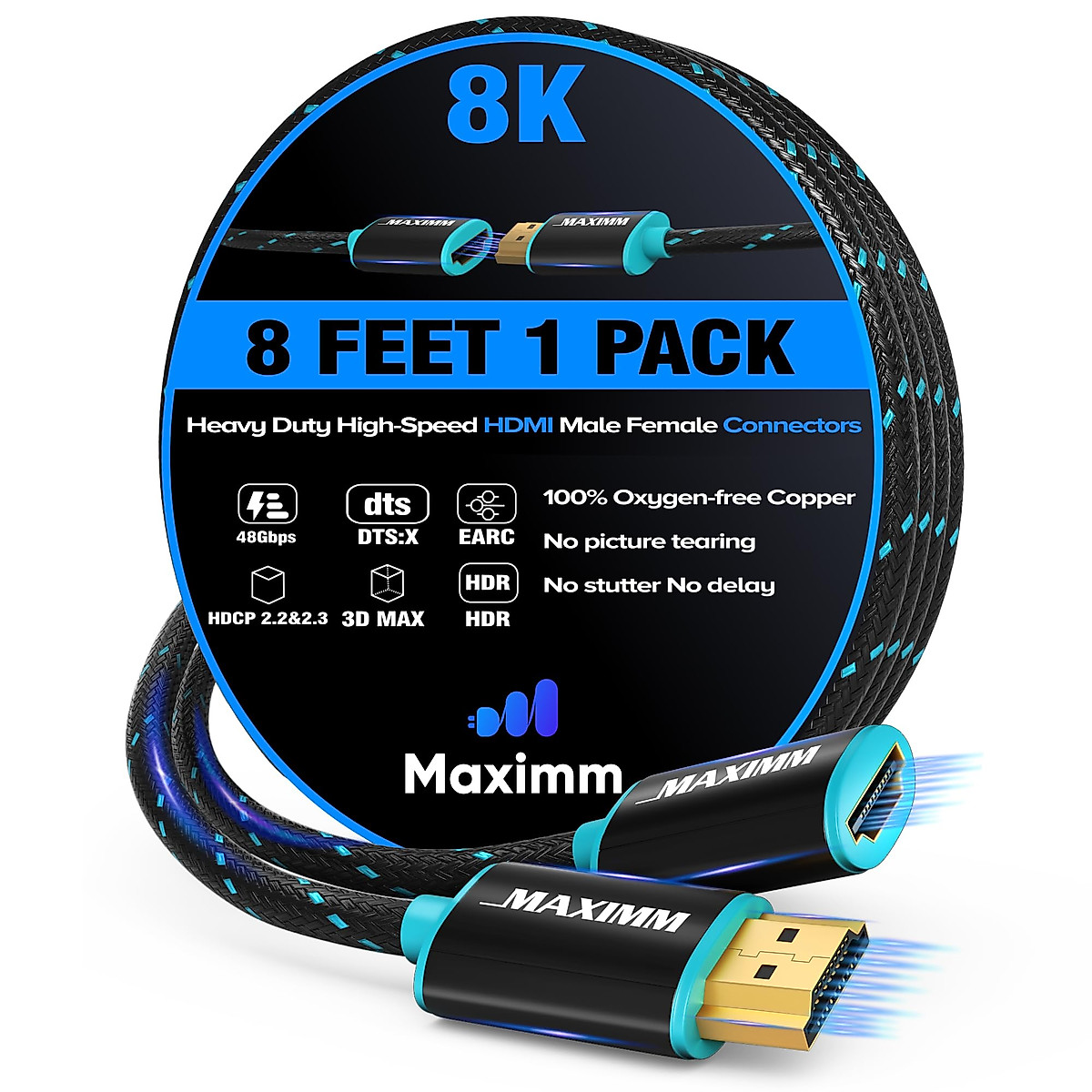 HDMI Extension Cable Male to Female (8 Feet), 8K & 10K Ultra HD, High-Speed, HDCP, ARC, 3D, 1080p to 2160p Video, 50Gbps Bandwidth