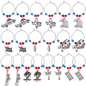 BENECREAT 20Pcs 10 Styles Antique Silver Wine Glass Charms, National Flag Dollar Bills Eagle Alloy Pendant with 3 Colors Pearl Glass Markers for Wine Tasting Party Decoration