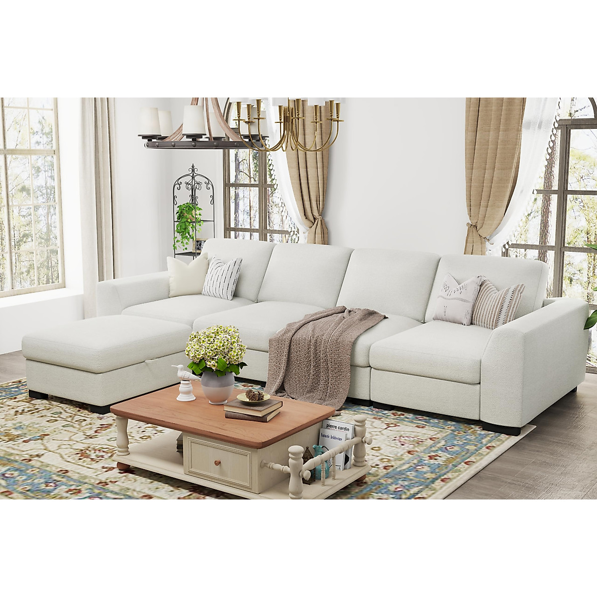 Woyomeub Sectional Sofa Couches for Living Room: L Shaped Couch with Storage Ottoman - Beige Modular Oversized 4 Seater Sofas with Pillows U Shape Furniture Set