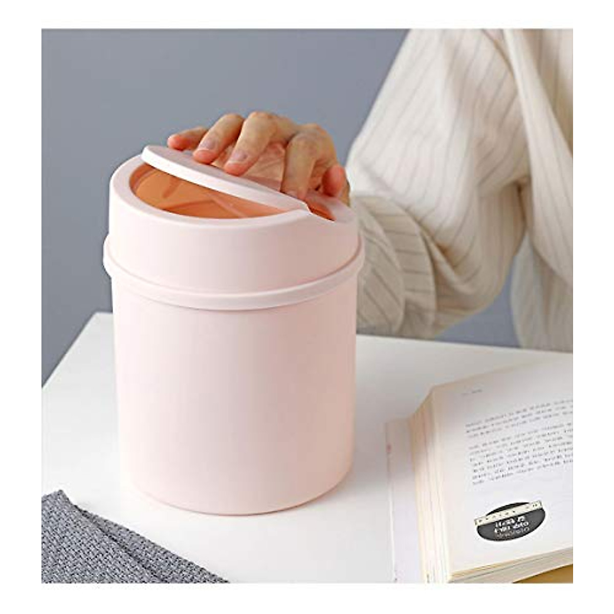 AKOAK 1 Pack Small Table Top Trash can, Mini Clamshell Wastepaper Basket, Simple, Convenient and Durable Household Plastic Storage Bin(Pink)