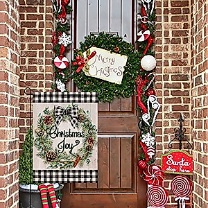 Selmad Christmas Joy Wreath Decorative Burlap Garden Flag, Xmas Buffalo Plaid Check Farmhouse Home Yard Small Outdoor Decor, Winter Pine Cone Outside Decoration Double Sided 12 x 18