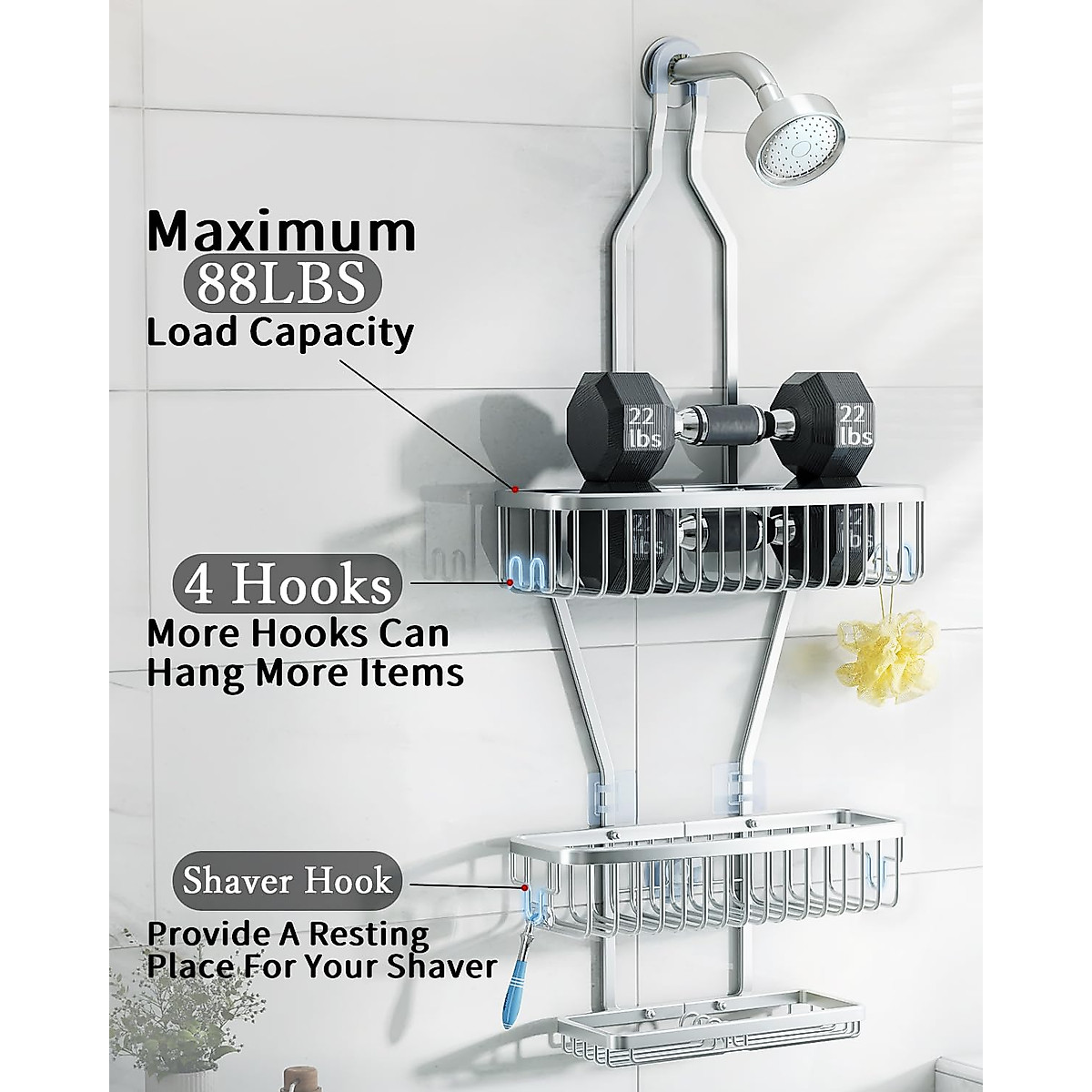 Shower Caddy Hanging Bathroom Organizer: Over Head Long Rack for Tall Showerhead - Extra Large Shelf for Big Shampoo Bottles with Soap Holder