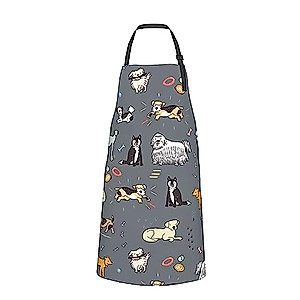 Perinsto Cute Dogs Animal (Dark Grey) Waterproof Apron With 2 Pockets Kitchen Chef Aprons Bibs For Cooking Baking Painting Gardening Grooming