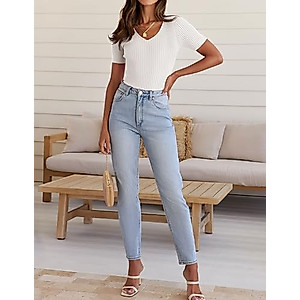 ZESICA Women's Short Sleeve T Shirts Summer V Neck Tops Casual Ribbed Knit Slim Fit Basic Tees,White,Small