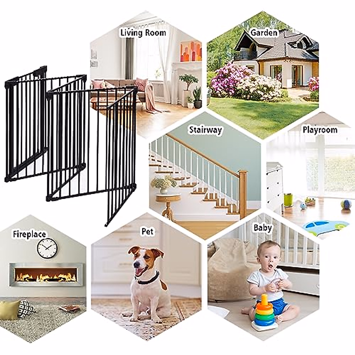 Costzon Baby Safety Gate, 121 Inch Length 5 Panel Adjustable Wide Fireplace Fence, BBQ Metal Fire Screen Gate, Pet Isolation Fence with Walk-Through Door, Freestanding Pets Gate (Black, 5-Panel)