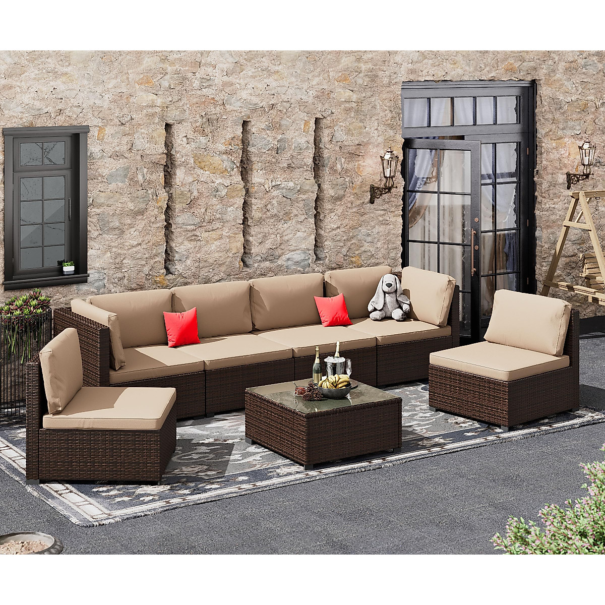 LHBcraft 7 Piece Patio Furniture Set, Outdoor Furniture Patio Sectional Sofa, All Weather PE Rattan Outdoor Sectional with Beige Cushion and Glass Table, Clips.
