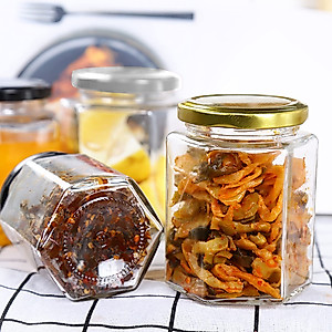 Woaiwo-q 6 oz Hexagon Glass Honey Jars, Glass Jars with Gold Lids,Bronzy Bee Pendants,Wooden Honey Sticks,Small Tags,1.5m Jute Twine -Clear Hexagon Jars for Honey,Jams, Liquid.(25 Pcs)…