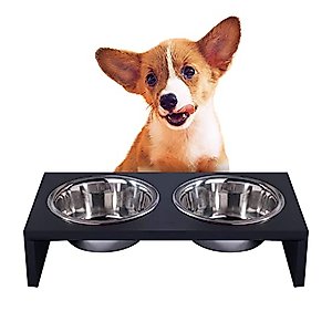 Pawise Elevated Dog Bowls, Raised Cat Feeder Elevated Food and Water Bowls Stand with 2 Stainless Steel Bowls and Anti Slip Feet, Wooden Frame Pet Feeder 750ml