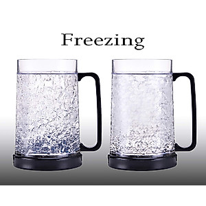 Freezer Ice Beer Mugs, Drinking Glasses, Double Wall Gel Frosty Beer Mugs, Cooling Wine Cups for Parties and Gifts, Clear 16oz Set of 3 (Blue, Red and Black)