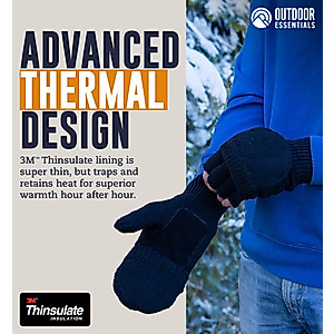OutdoorEssentials Fingerless Winter Gloves Convertible Mittens for Men & Women - Warm Knit Flip Top Wool Mitten Gloves