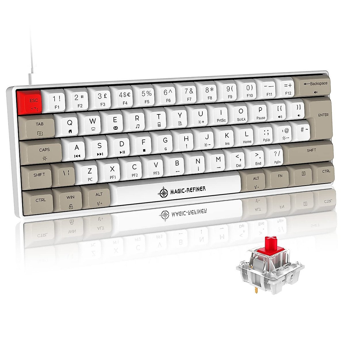 Mini Mechanical Gaming Keyboard Type-c Wired with PBT Dye-subbed Keycaps Rainbow RGB Backlit 60%Layout Full Anti-Ghosting 62 Key Ergonomic for Typist Laptop PC Mac Gamer (White Main/Red Switch)