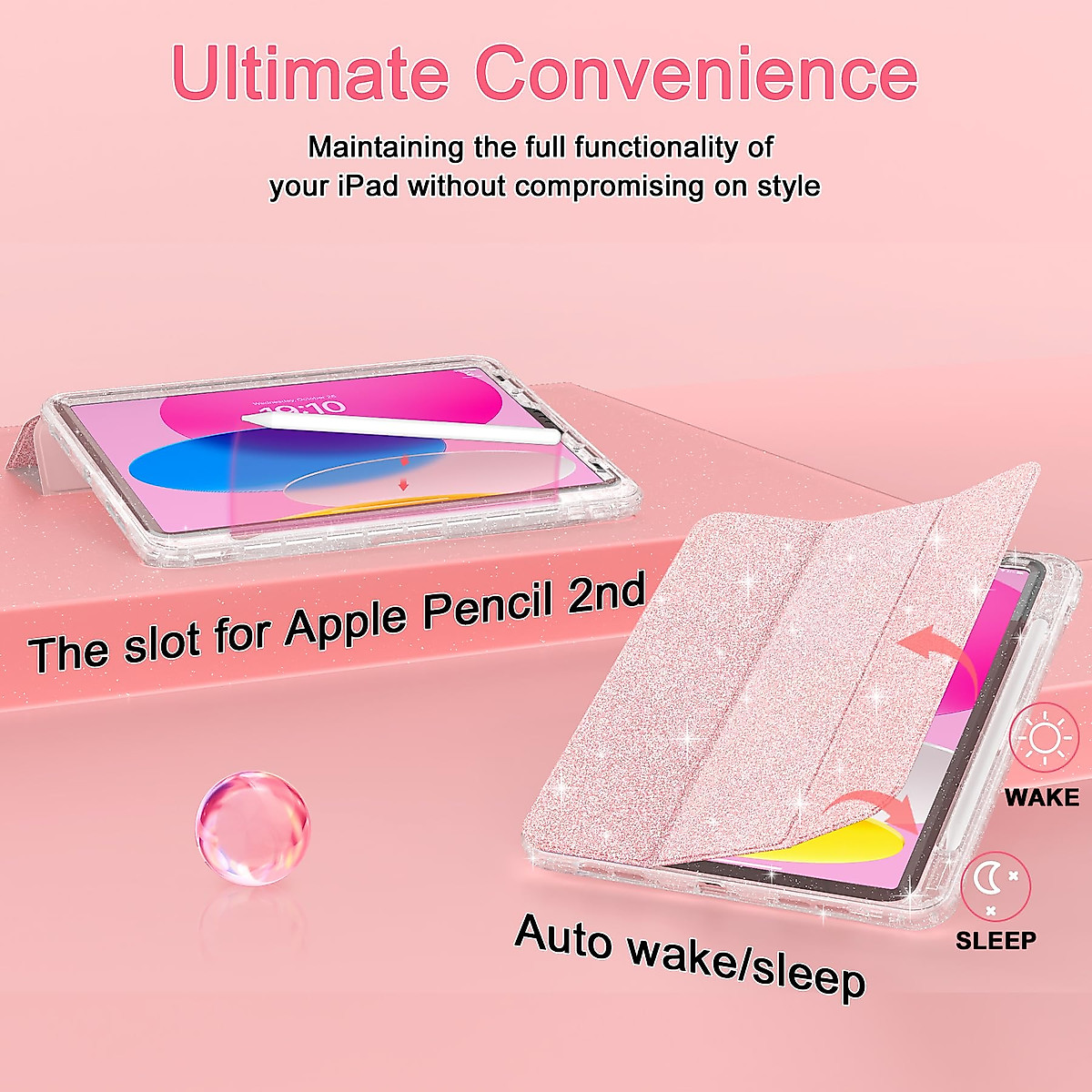 iPad Air 11 Inch Case 2024, iPad Air 5th/4th Gen Case 2022/2020 10.9 Inch with Pencil Holder, Auto Wake/Sleep, Sparkly Glitter Trifold Stand Leather Cover with Shiny Clear TPU Back, Rose Gold