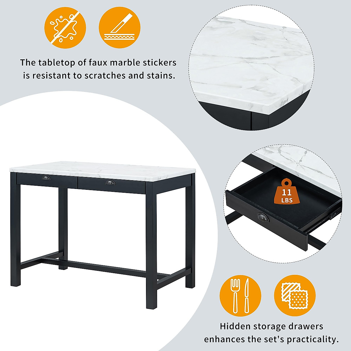 Bellemave 3-Piece Modern Console Table Set with Bar Table, 2 Stools, Storage Drawers, Faux Marble Top for Kitchen, Dining Room (Black)