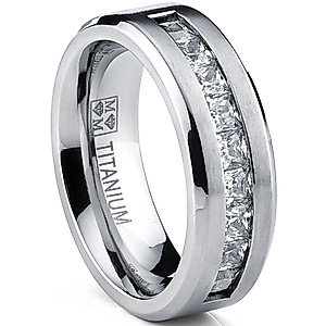 Metal Masters Titanium Men's Wedding Band Engagement Ring with 9 large Princess Cut Cubic Zirconia Size 8