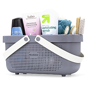 Brookstone BKH1633, Large Portable Shower Caddy with Soft Silicone Carrying Handle, Bathroom Organizer Basket, Plastic Bath Tote, Dries Quickly with Drainage Holes [BPA Free], Gray