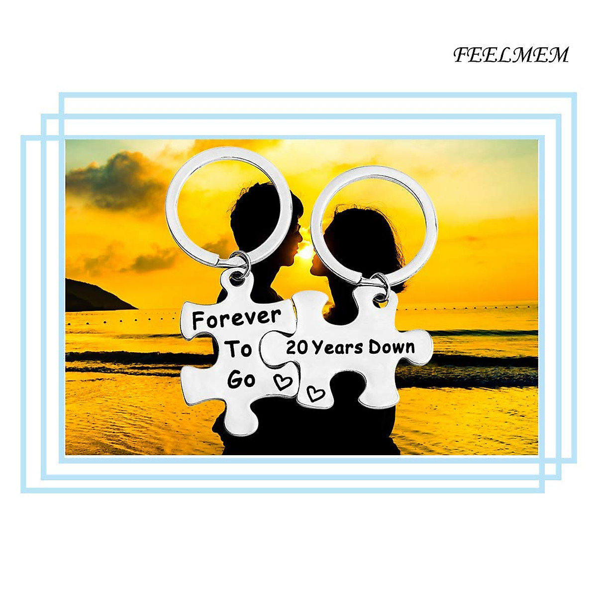 FEELMEM Couples Gifts 5th, 50th Years Down Forever to Go Puzzle Keychain Set of Two Wedding Anniversary Present (20th AV)