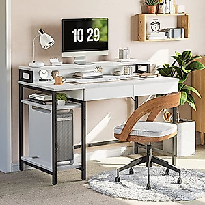 CubiCubi Computer Desk with Monitor Stand, 47 inch Home Office Study Writing Table with Drawers and Storage Shelves for Small Spaces, White