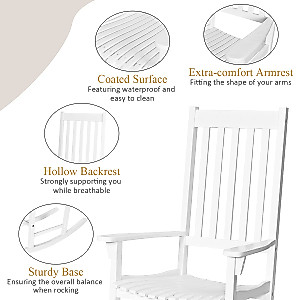 Tangkula Acacia Wood Porch Rocking Chair Set, Wooden Rocking Chair Rocker with High Back & Armrest for Indoor Outdoor Use, Patio Rocker for Garden Lawn Balcony Backyard Poolside (2, White)