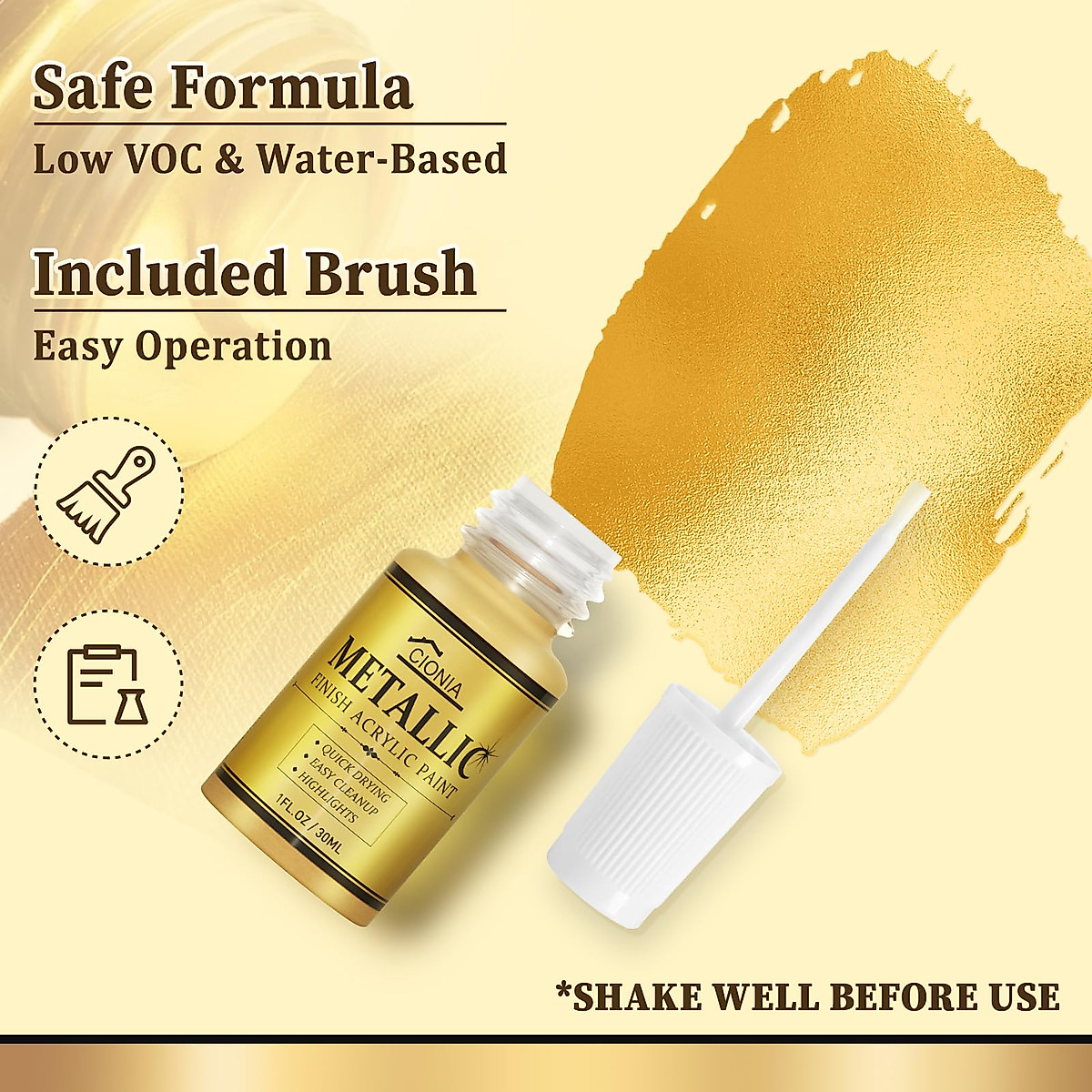 CIONIA Gold Metallic Acrylic Paint, Gold Leaf Touch-Up Paint for Wood, Metal, Arts & Crafts, Home & Wall Decor - Water-Based, Non-Toxic, Odorless, Non-Fading Formula for Long-Lasting Brilliance(1 Fl Oz,Antique Gold)