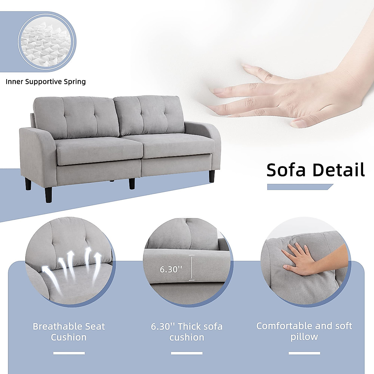 Vongrasig 73" Small Modern Loveseat Sofa Couch, Mid-Century Fabric Low Back 2-Seat Sofa Couch Tufted Love Seat for Living Room, Bedroom, Office, Apartment, Dorm, Studio and Small Space (Light Grey)