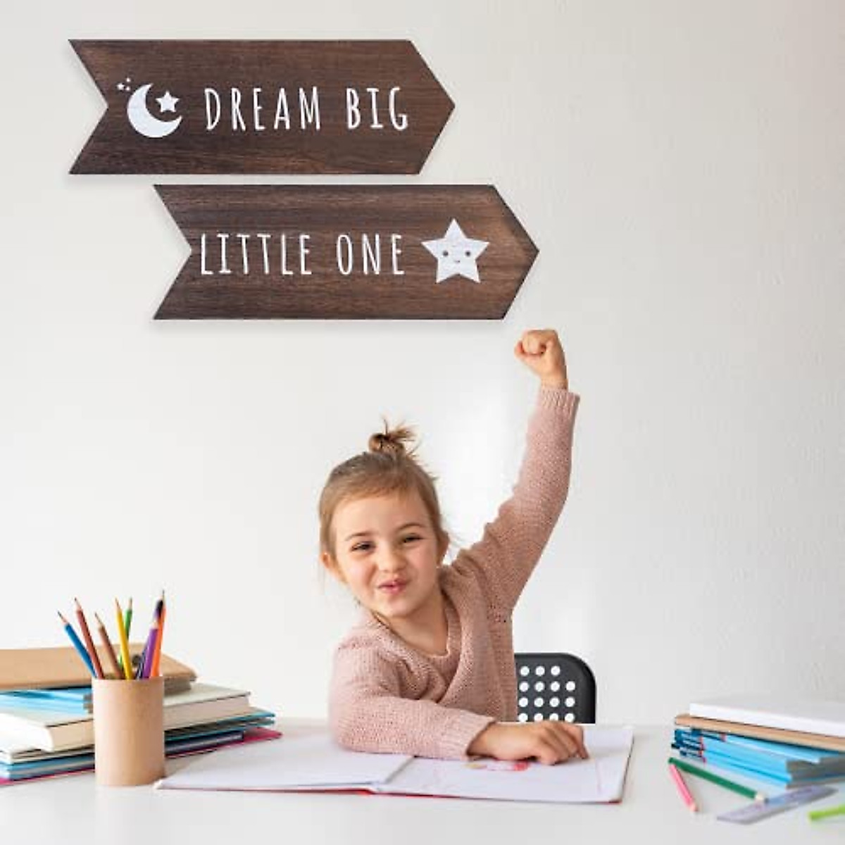 Dream Big Little One Sign - 2 Pcs Nursery Wall Decor, Moon Star Boy Girl Nursery Room Decor, Rustic Wooden Arrow Playroom Sign - Gender Neutral Woodland Decor, 14 X 5 inch, Brown