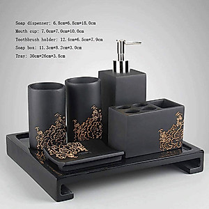 Soap Dispenser Hand Soap Dispenser 6-Piece Bathroom Accessory Resin Set Lotion Dispenser Tumbler Toothbrush Holder Soap Dish and Tray，Elegant Golden Pattern，Black Manual Soap Dispenser Soap Dispenser